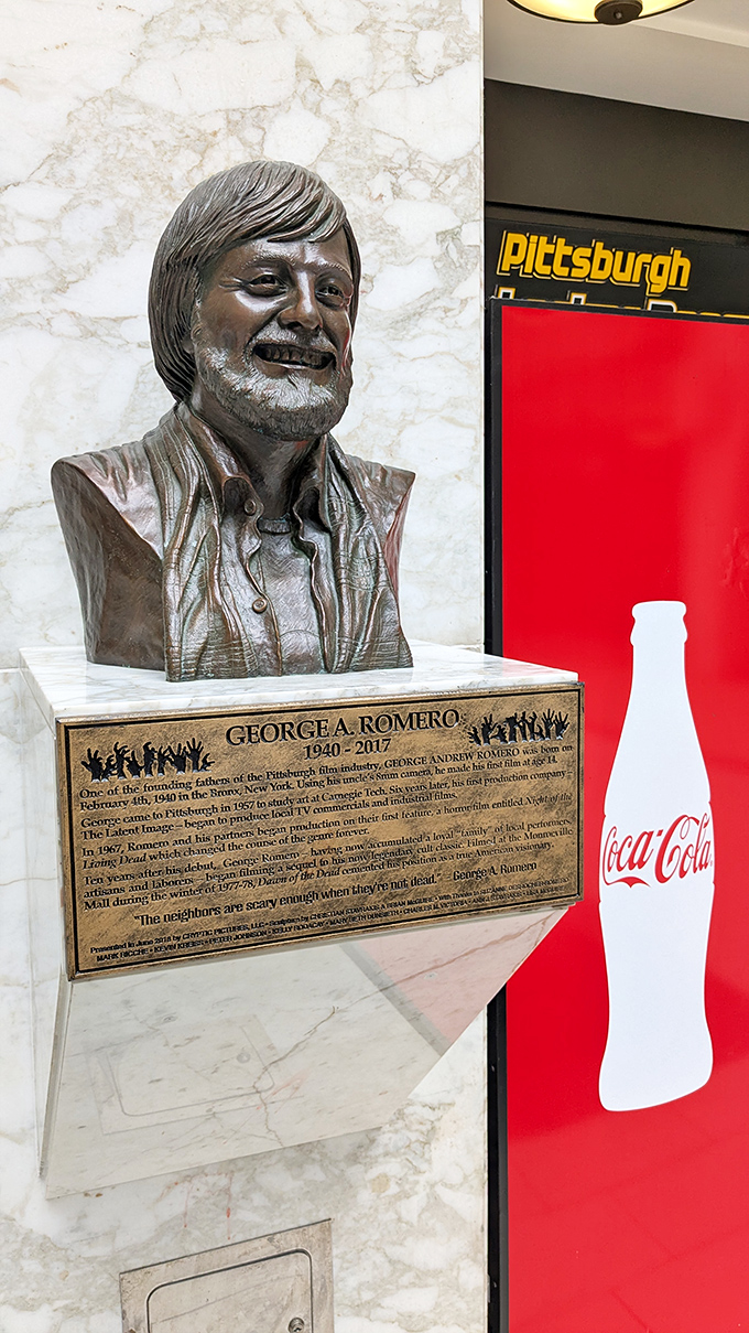 A bronze tribute to George Romero, the visionary director who transformed Pittsburgh into the zombie capital of the world and revolutionized horror cinema.
