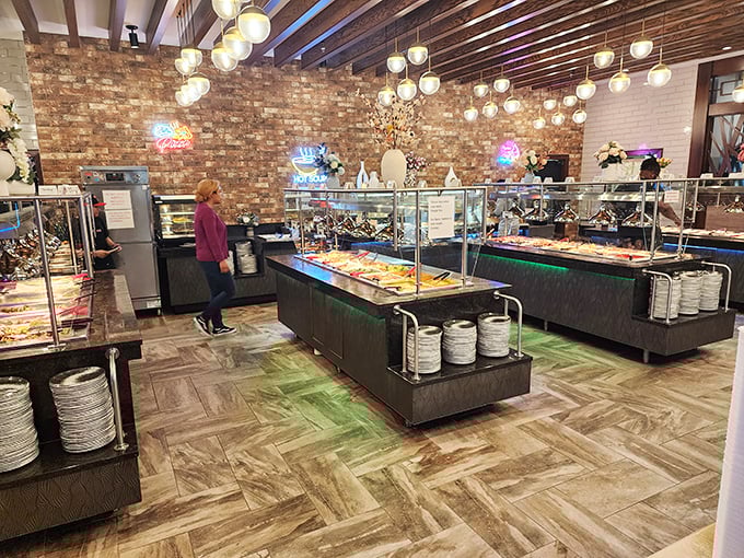 The buffet stations stretch out like a culinary Yellow Brick Road, each step revealing new temptations under the glow of perfectly positioned lighting.