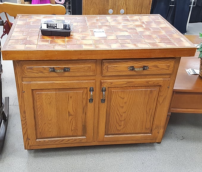 This solid oak cabinet with tile top screams "1990s kitchen centerpiece." With drawers and doors intact, it's ready for its comeback tour in your home.