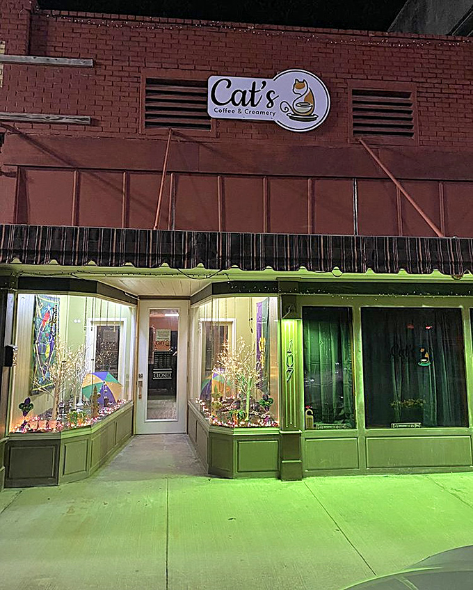 Cat's Coffee & Creamery glows with nighttime charm, its whimsical windows and colorful facade promising both caffeine and conversation in equal measure.