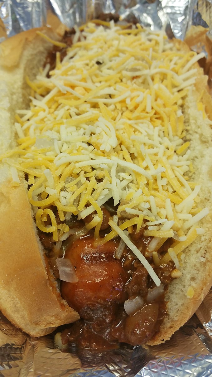 A proper chili dog should require at least three napkins and possibly a shower afterward. This one qualifies with flying colors.