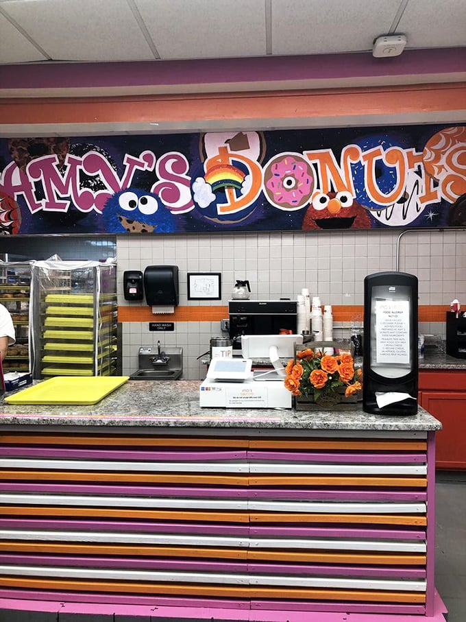 The counter at Amy's features a mural that suggests Cookie Monster and Elmo moonlight as donut enthusiasts. Can't say I blame them.