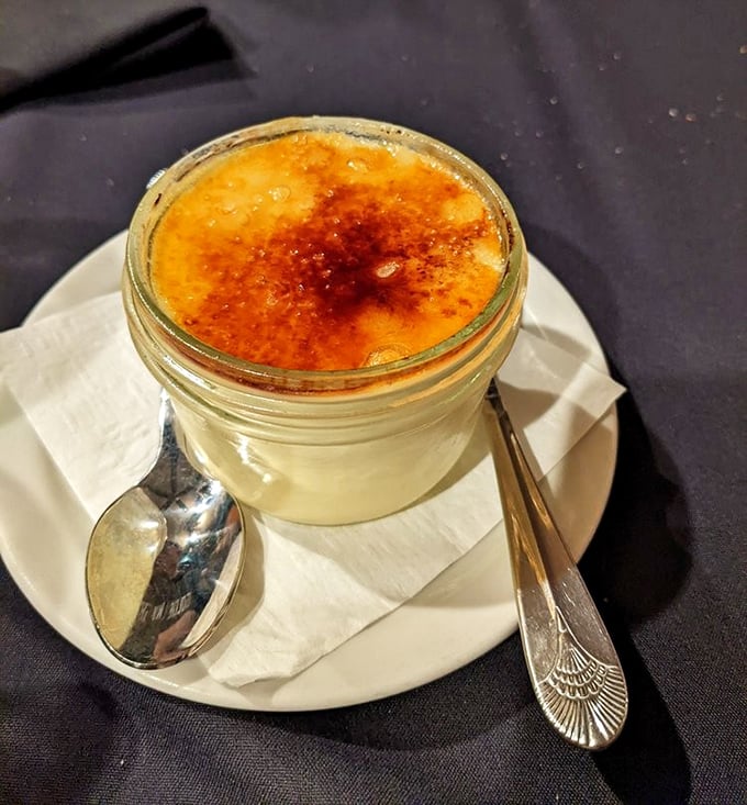 Cr&egrave;me br&ucirc;l&eacute;e in a mason jar&mdash;because nothing says "Alaska dessert" like French custard served with frontier practicality.