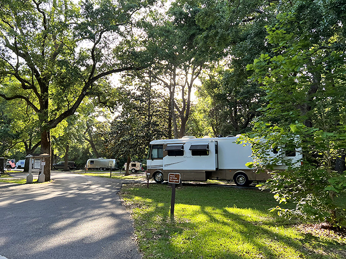 RV heaven under Southern skies – Davis Bayou Campground offers retirement on wheels with a side of Spanish moss and birdsong.