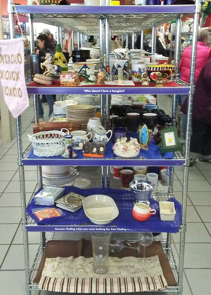 Who doesn't love a bargain? asks the shelf sign, displaying ceramic treasures and household items with previous lives and future potential.