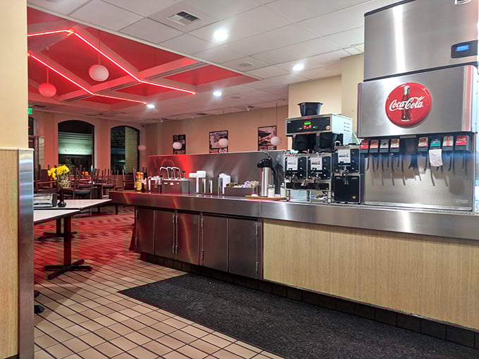 The beverage station gleams like a spacecraft, ready to dispense whatever cold drink you need to wash down greatness.