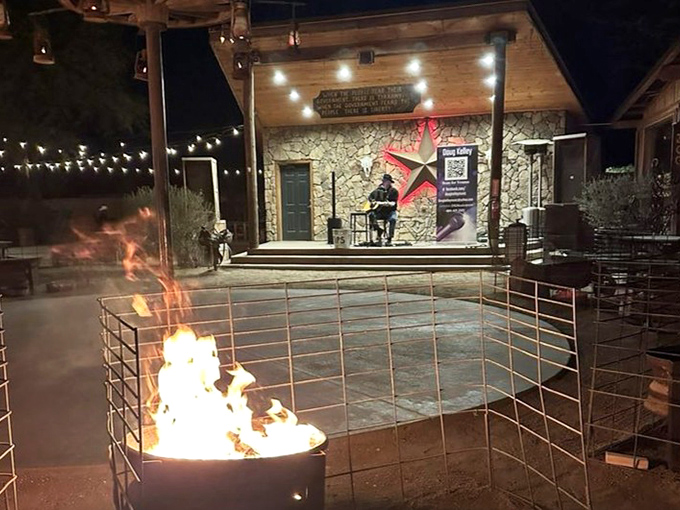 As night falls, the fire pit becomes the heart of San Tan Flat, with live music setting the soundtrack for starlit Arizona evenings.