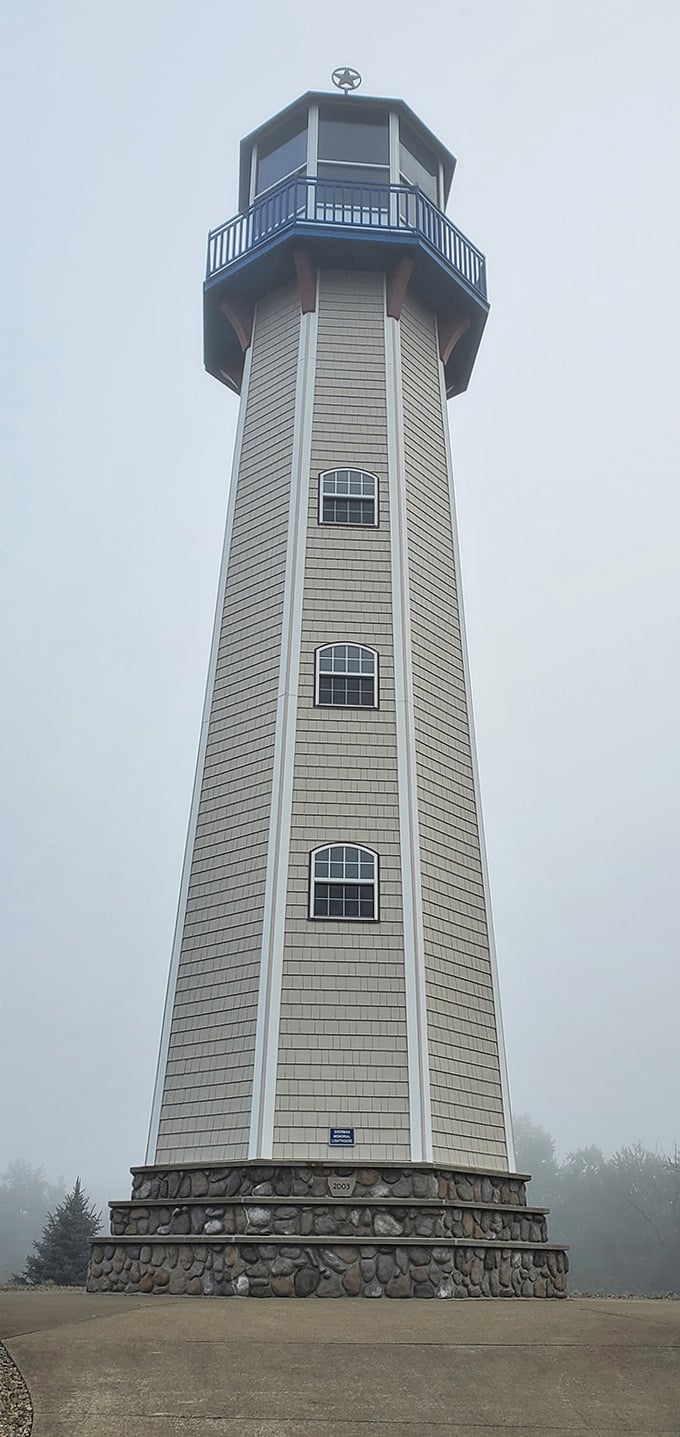 The Sherman Memorial Lighthouse stands tall in the mist &ndash; proving Pennsylvania doesn't need an ocean to create maritime magic.