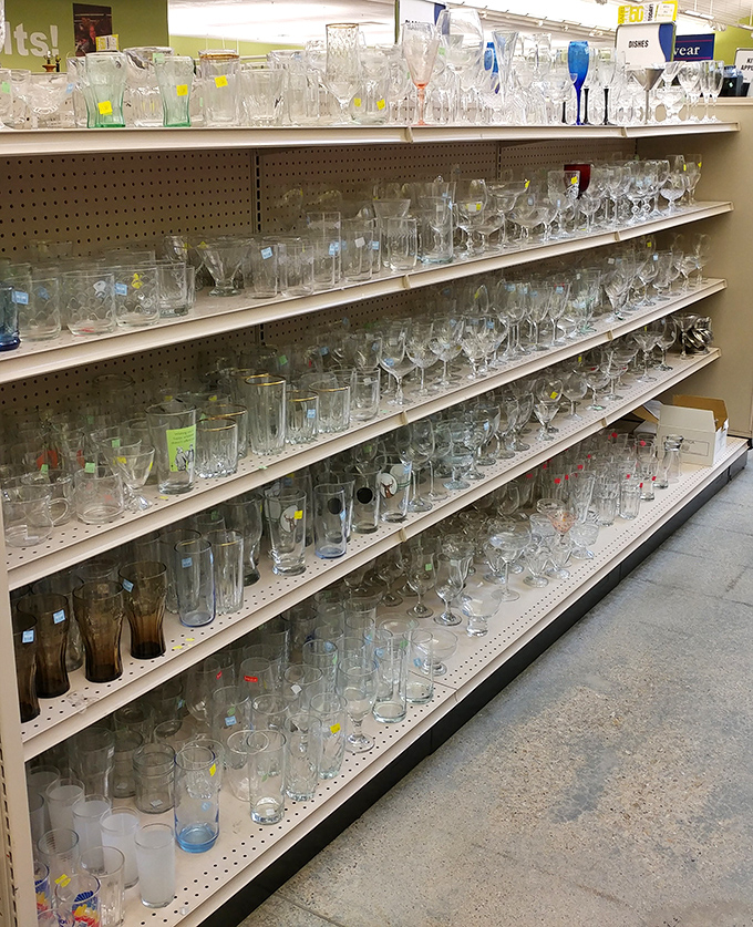 Glassware galore! From everyday tumblers to "only when company comes" crystal, this aisle has your beverage vessels covered.