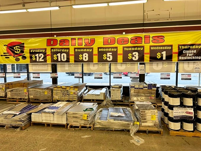 The daily pricing schedule in all its glory. Thursday: closed for restocking, because even bargain bins need a refresh sometimes.