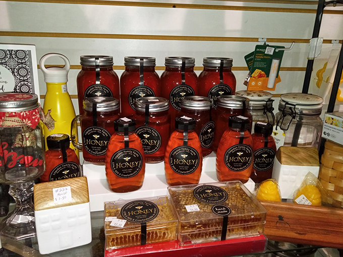 Liquid gold lined up like amber trophies&mdash;local honey that hasn't endured the indignity of mass production. Nature's sweetener, just waiting to elevate your next cup of tea.