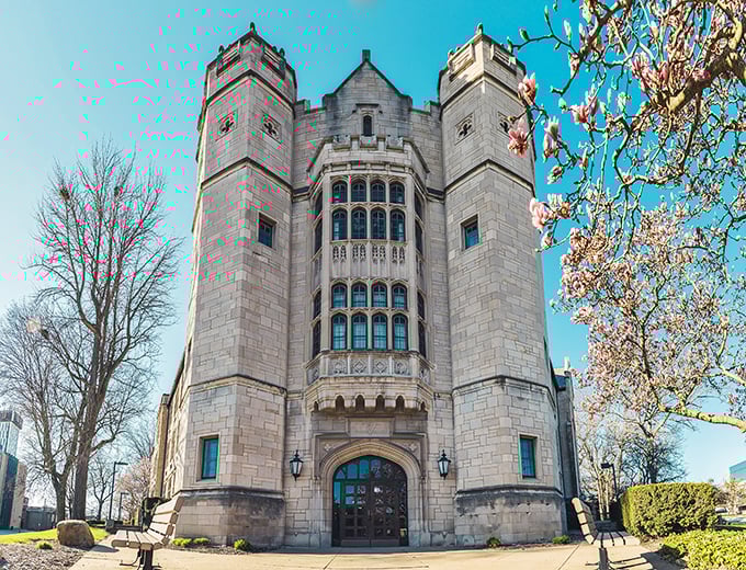 Jones Hall stands like a medieval castle transplanted to Ohio, where students battle final exams instead of dragons.