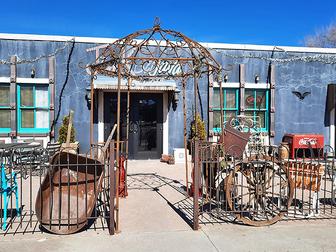 Junk & Java's whimsical entrance proves that one person's rusty treasure is another's perfect backdrop for morning coffee and unexpected finds.
