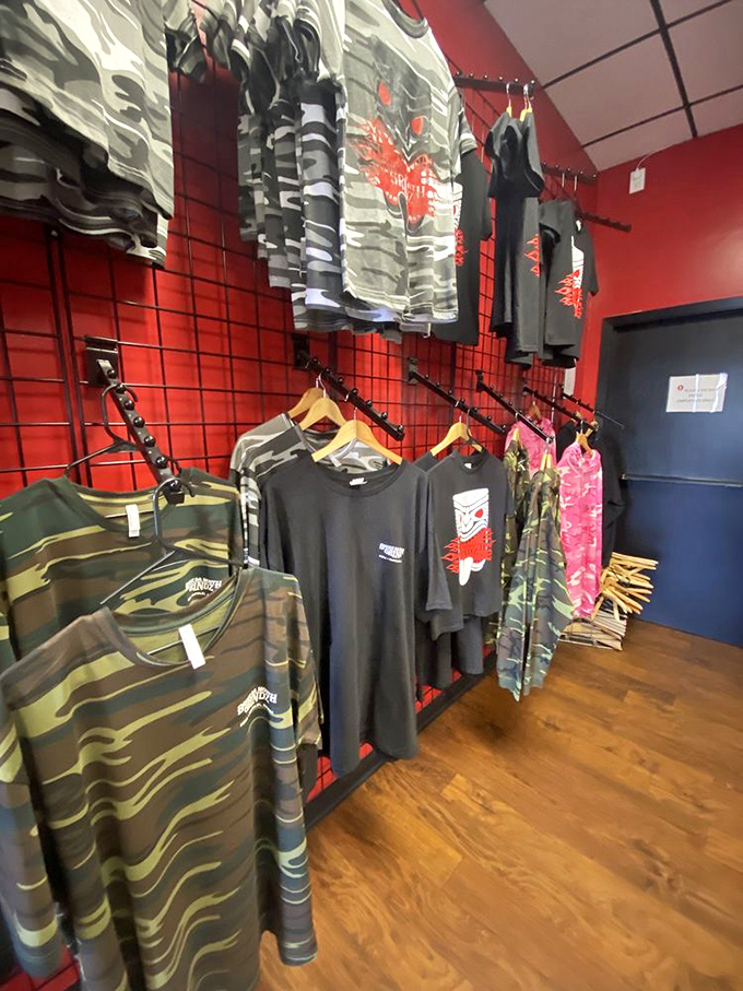 Even the merch celebrates the restaurant's military-inspired camo aesthetic. Take home a t-shirt when your stomach can't hold another bite.