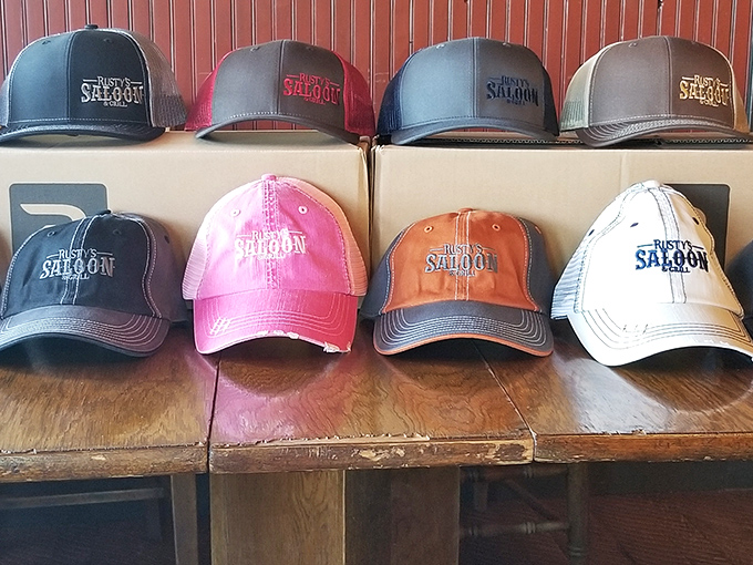 Rusty's merch display&mdash;because sometimes you need a hat to remind you where you had that life-changing prime rib when your memory gets foggy.