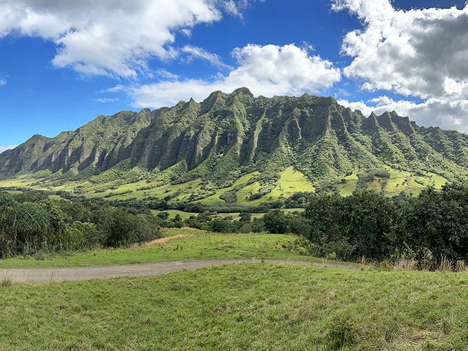The Ko'olau mountains standing tall like nature's cathedral. If geology could preach, these ridges would deliver quite the sermon.