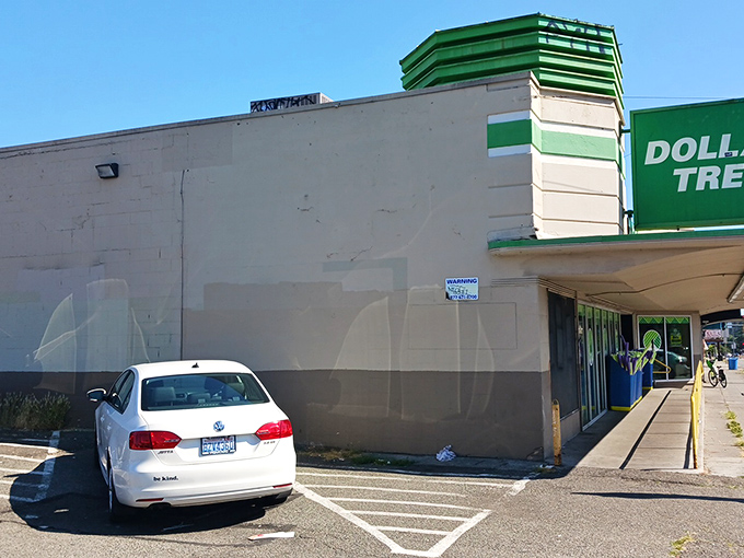 The unassuming exterior hides retail treasures within, like a speakeasy for savings instead of spirits. Password: "Bargain hunting."