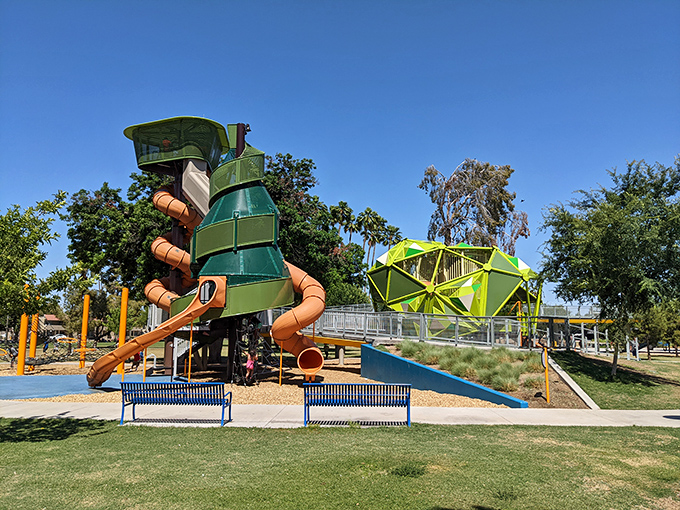 Pioneer Park's imaginative playground structures transform ordinary slides into extraordinary adventures, proving Mesa knows how to elevate family fun.