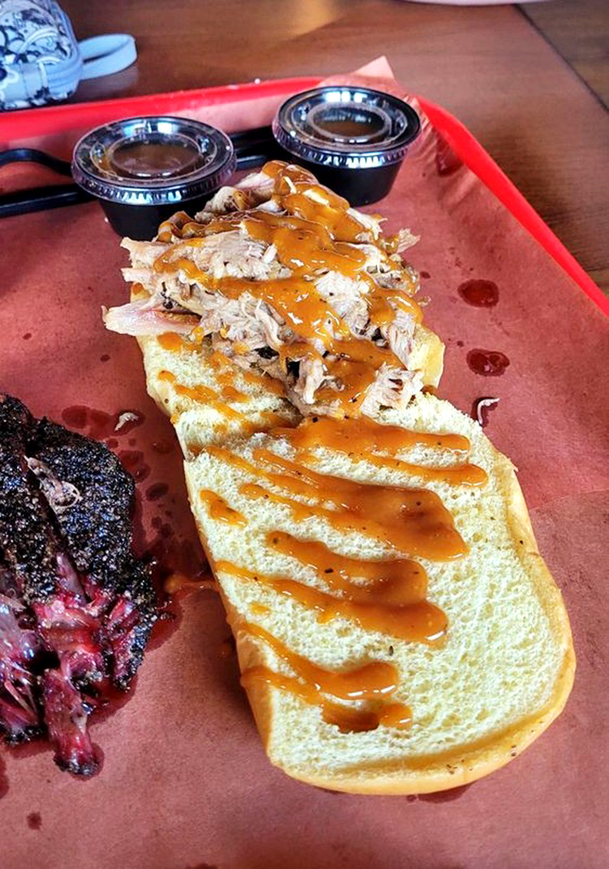 This pulled pork sandwich isn't just a meal&mdash;it's edible architecture, with sauce drizzled like abstract art across its golden canvas.