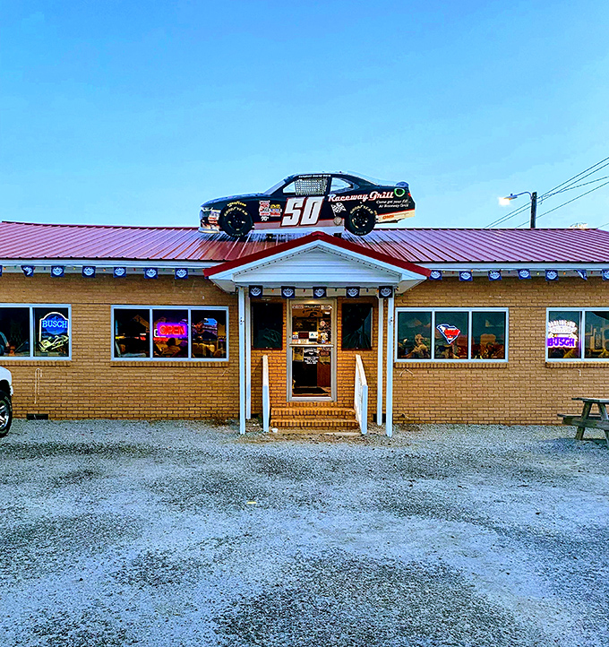 The Raceway Grill announces its NASCAR allegiance with a race car on the roof &ndash; subtle as a checkered flag, but twice as welcoming to hungry visitors.