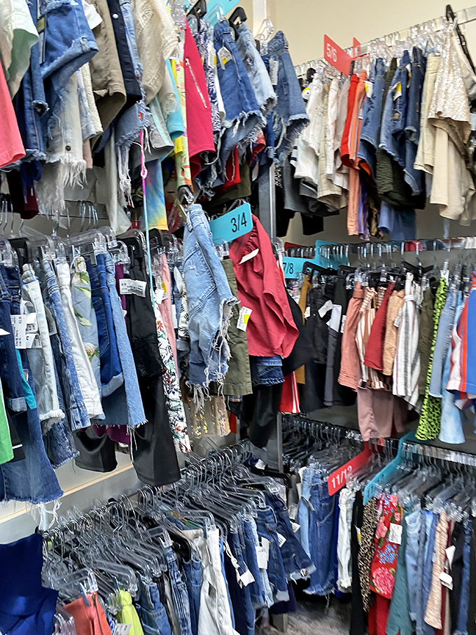 Fashion tetris at its finest. Every color, length, and style of shorts imaginable, stacked with the precision of a retail Jenga master.