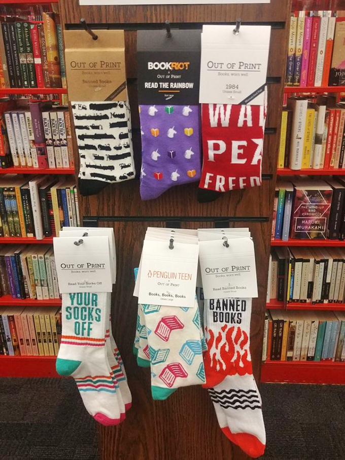 Literary socks that speak volumes about your personality. "Banned Books" and "Your Socks Off" make fashion statements from your ankles down.