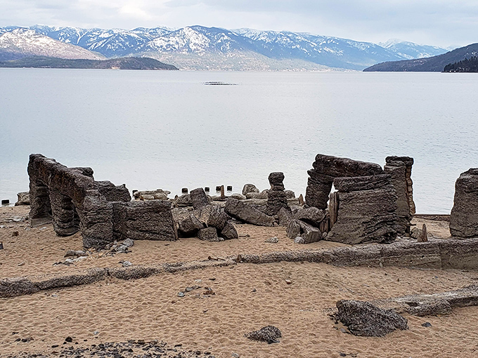 Ancient stone ruins meet the shoreline of Lake Pend Oreille, telling stories of times past. History and natural beauty having a quiet conversation.