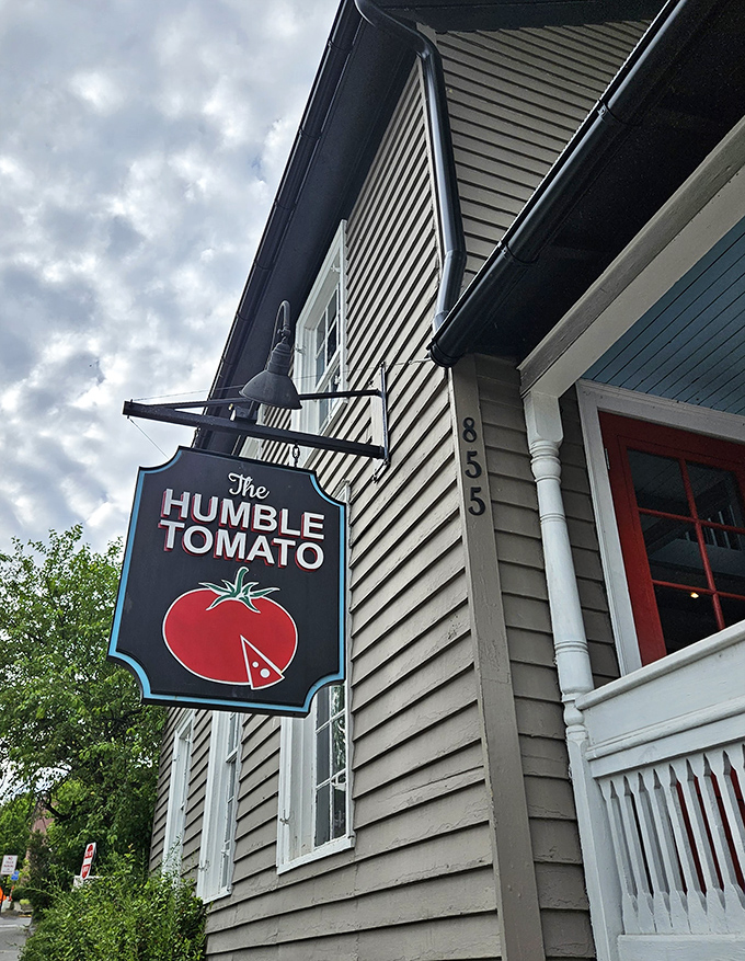 The Humble Tomato's charming sign hints at farm-to-table delights within, where simplicity and fresh ingredients reign supreme.
