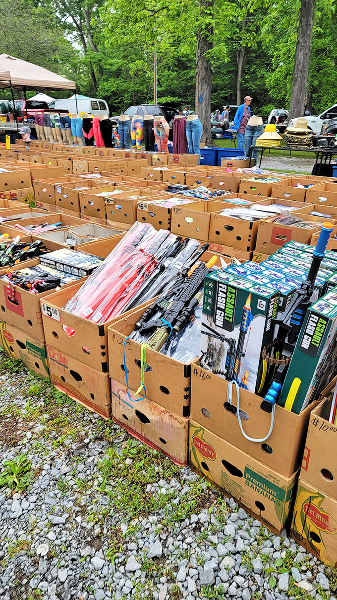 Bargain bins that would make any dollar store jealous! These cardboard treasure chests hold everything from flashlights to fishing gear—organized with delightful disregard for categories.
