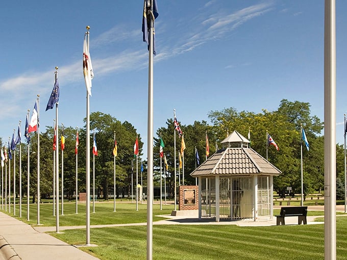 A parade of flags honors heritage and service at this meticulously maintained memorial&mdash;North Platte's pride shines in every detail.