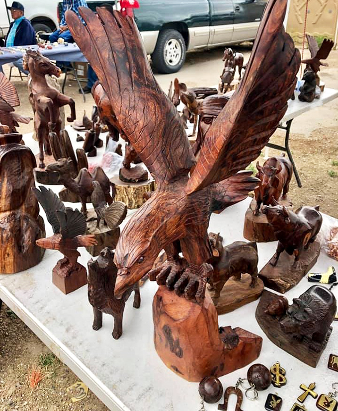 Hand-carved wooden eagles and horses showcase remarkable craftsmanship that transforms timber into breathtaking art pieces.