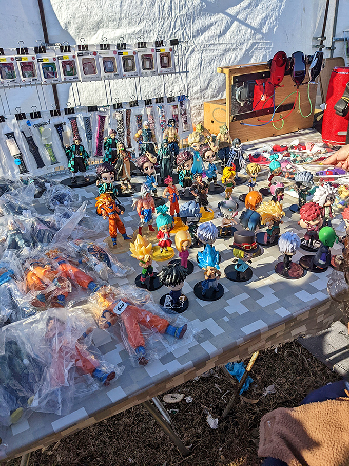 Anime figurine fantasy land! Dragon Ball and Demon Slayer characters stand at attention, waiting to join your collection or a grandchild's treasure shelf.