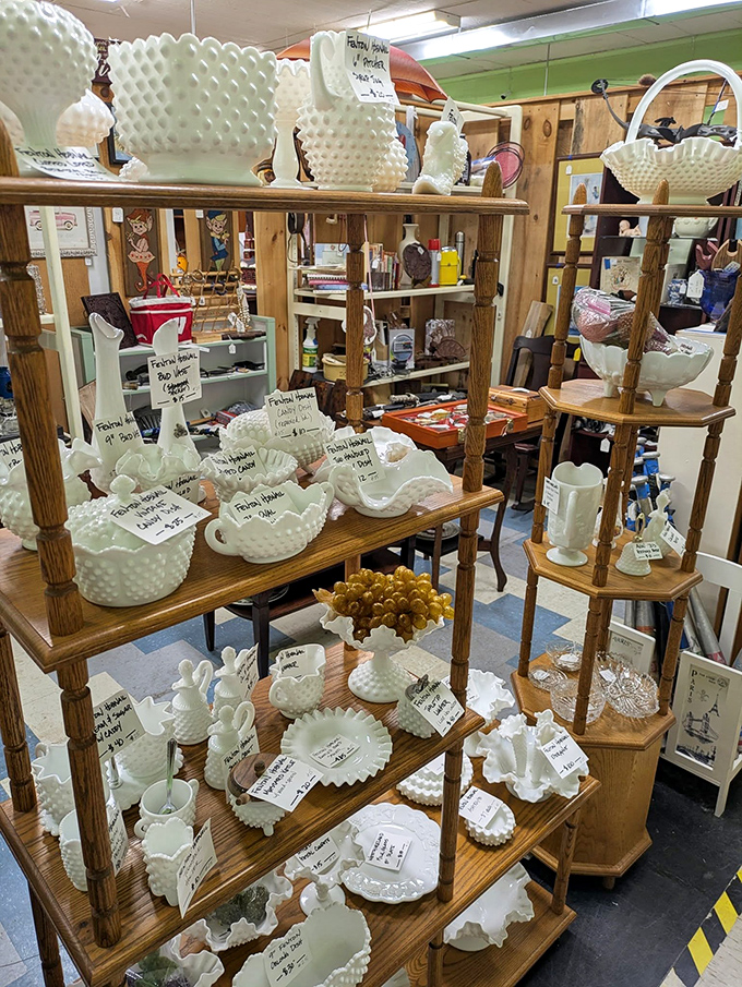 Milk glass treasures arranged like a museum exhibit. Each piece whispers tales of formal dinners and Sunday best occasions.