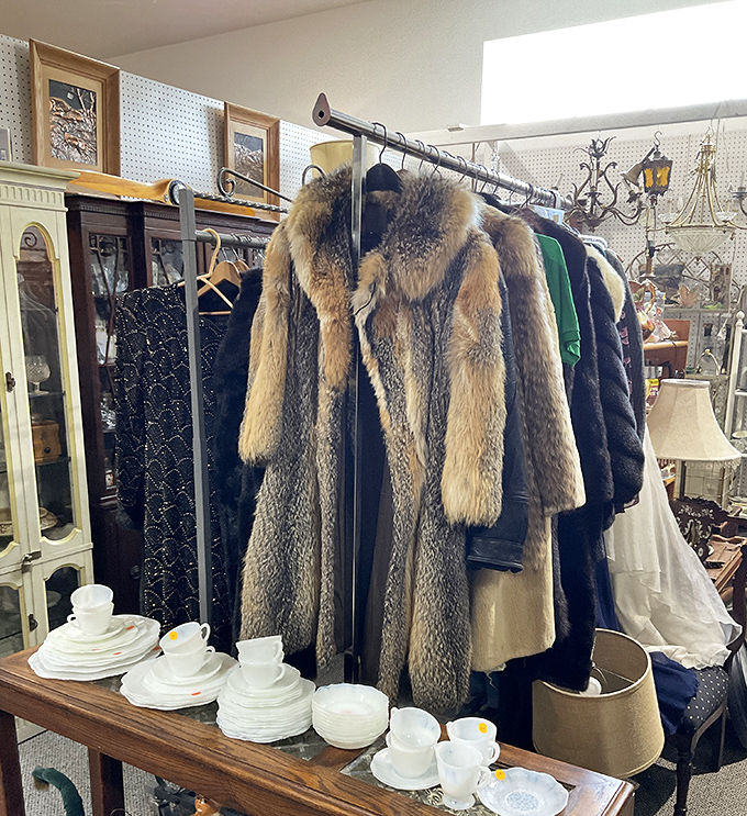 Vintage fur coats hang regally beside pristine china tea sets. From formal dinners to formal wear&mdash;the complete package!