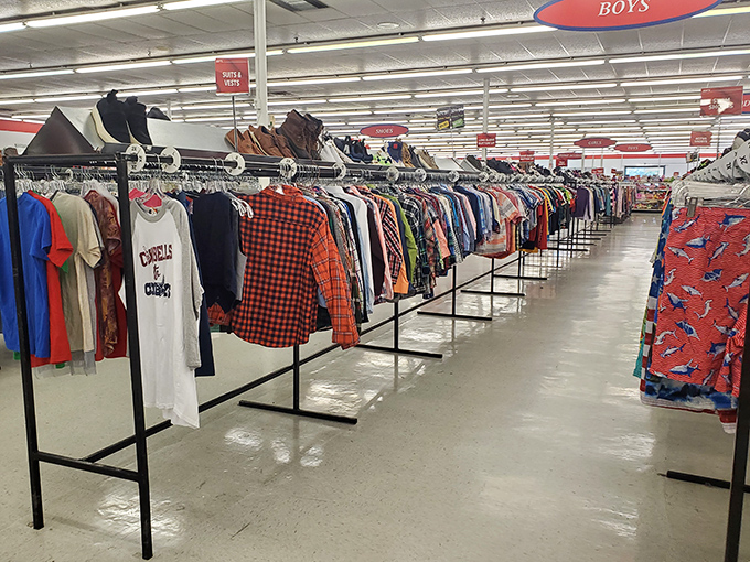 Organized chaos at its finest. The boys' section stretches into the horizon like a colorful roadmap of childhood memories waiting to be relived.