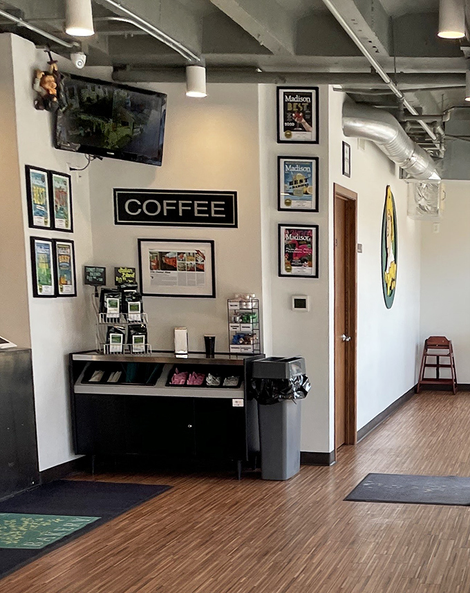The coffee station stands ready for those who need liquid courage before committing to which donut variety deserves their devotion.