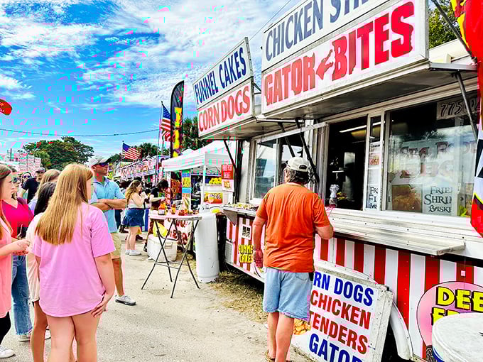 Festival food stands serving gator bites and funnel cakes &ndash; because calories don't count when they're consumed at community celebrations.