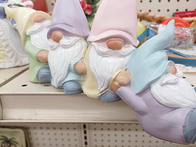 Garden gnomes having a pastel convention. These ceramic fellows look ready to bring whimsical charm to someone's flower bed or bookshelf.