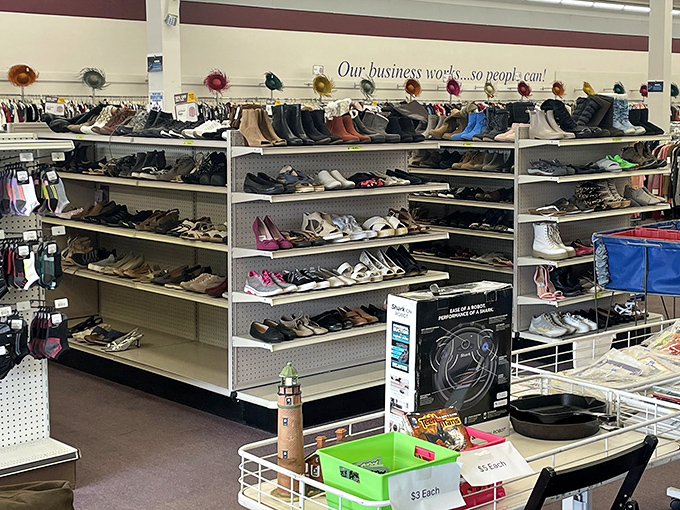 The shoe department: where hiking boots that conquered Katahdin sit alongside dress shoes that danced at Casco Bay weddings, all waiting for their next adventure.