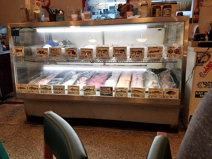 The market display case—proof that in West Virginia, you don't need an ocean view to enjoy seafood at its freshest.