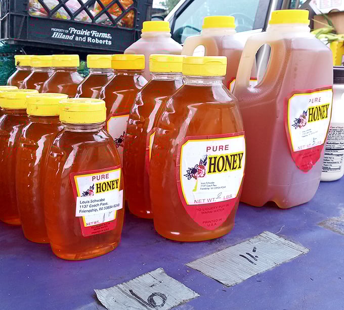 Liquid gold in plastic bottles&mdash;local honey in various sizes promises to sweeten your tea and possibly ward off seasonal allergies, if you believe the regulars.