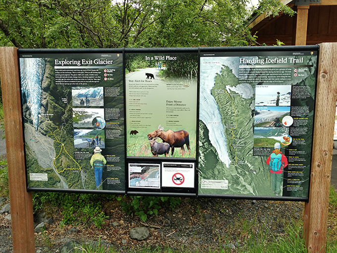 Interpretive signs explain the park's features, though no words quite capture the "you had to be there" feeling of standing before a glacier.