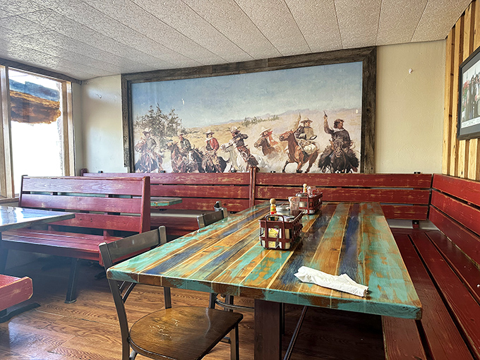 The dining area's colorful wooden tables and cowboy-themed mural create an atmosphere where every meal feels like you're starring in your own Western&mdash;with better food.