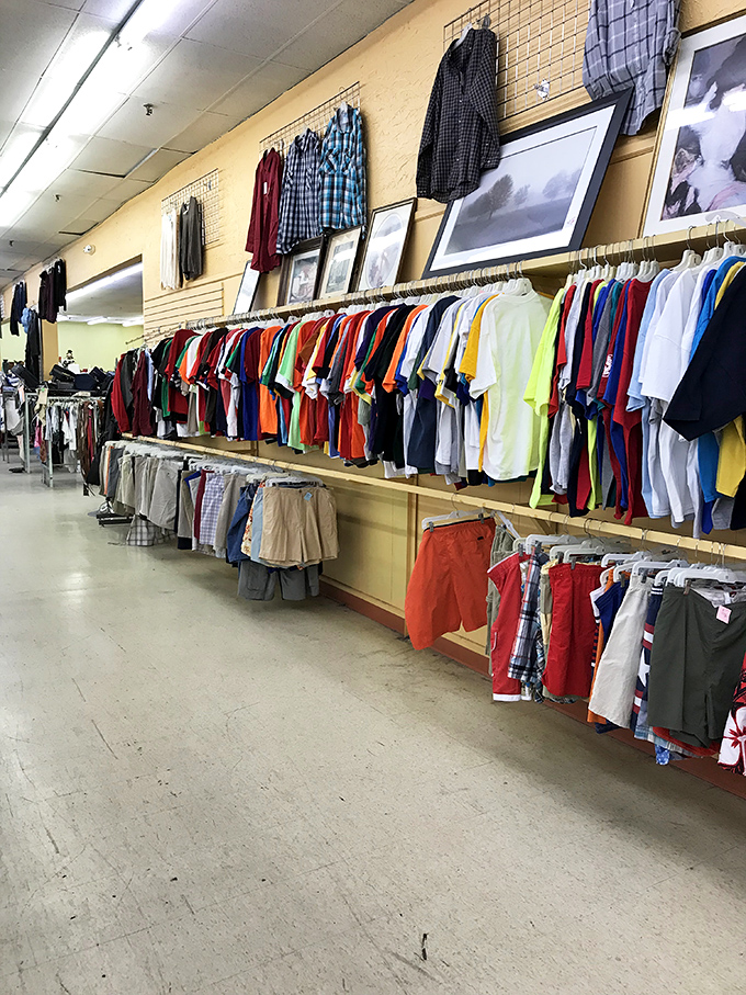 The men's section: organized by type and color, making it dangerously easy to refresh your entire wardrobe in one fell swoop.