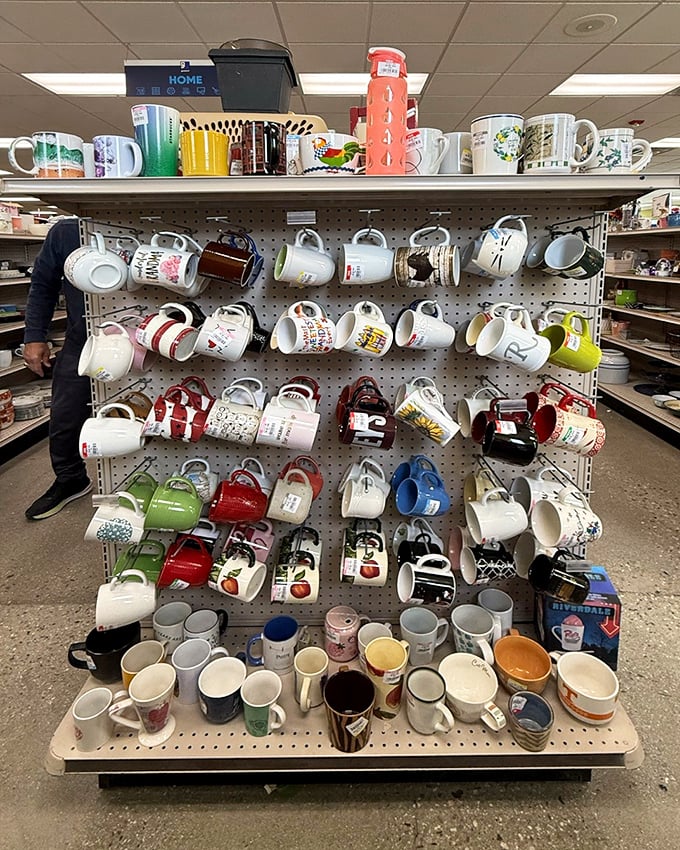 Mug collectors, brace yourselves! This pegboard paradise offers everything from corporate logos to quirky sayings at can't-beat prices.
