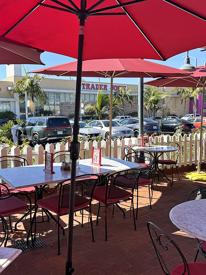 California sunshine and red umbrellas create the perfect outdoor setting for pancake-fueled conversations.
