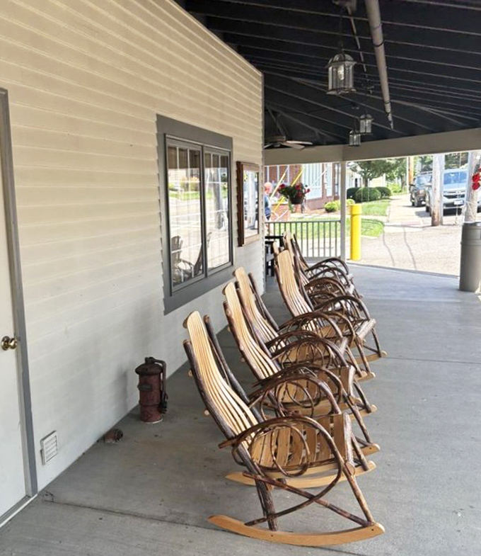 Rocking chairs line the porch, inviting you to sit and digest while contemplating your life choices and second dessert.