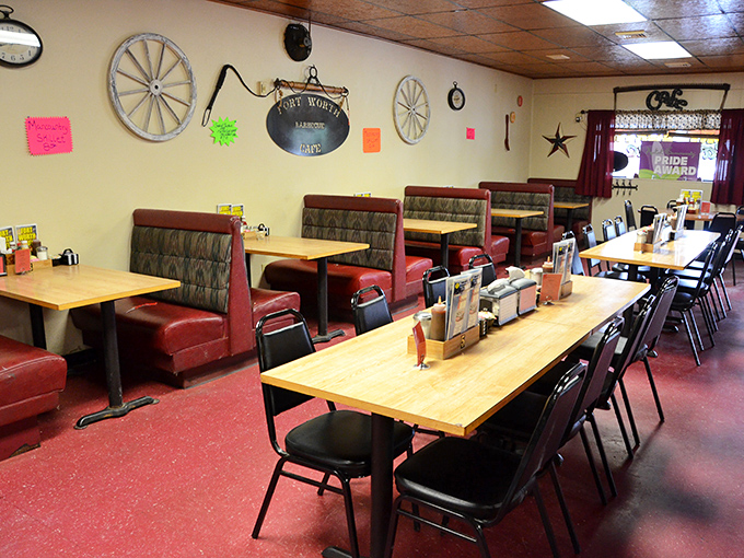 Red vinyl booths and wooden tables create the perfect backdrop for serious eating. No distractions, just focus on the flavors that matter.