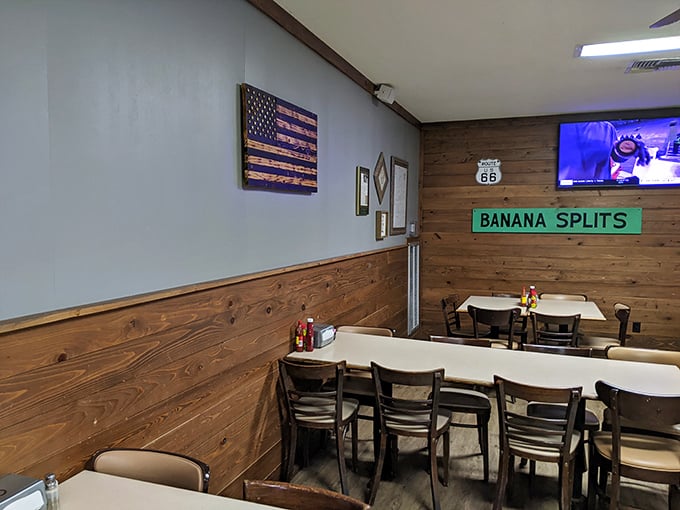 American flags and "BANANA SPLITS" signs&mdash;the d&eacute;cor equivalent of comfort food. This dining room has witnessed more satisfied sighs than a therapist's office.