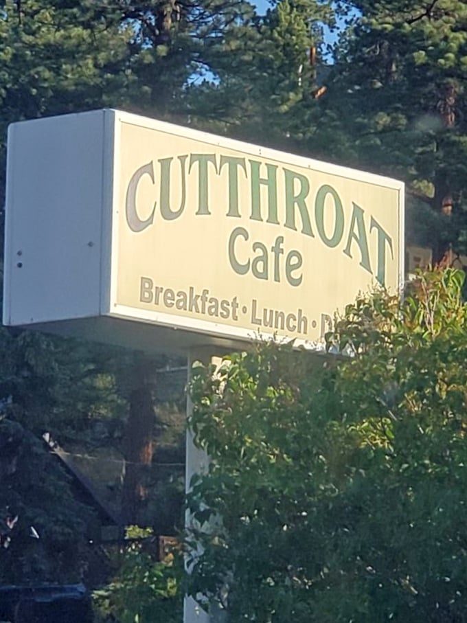 The sign stands tall among the pines, a beacon for breakfast pilgrims seeking refuge from chain restaurant mediocrity.